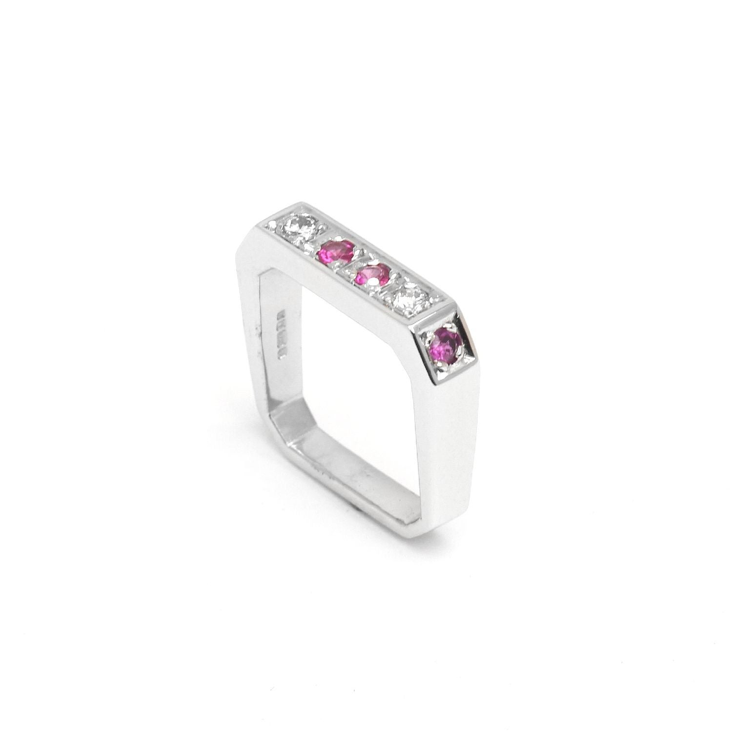 9ct White Gold Bevelled Square Ring with Pink Sapphire & Diamond ...